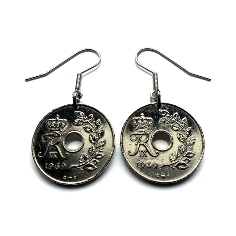 1969 Denmark Danmark 25 Ore coin earrings Danish crown initial R Copen ...