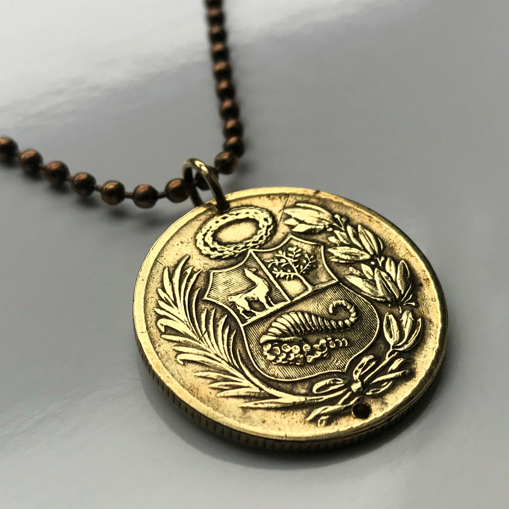1965 Peru 1/2 Sol coin pendant escudo Peruano llama Lima Cusco Machu P ...